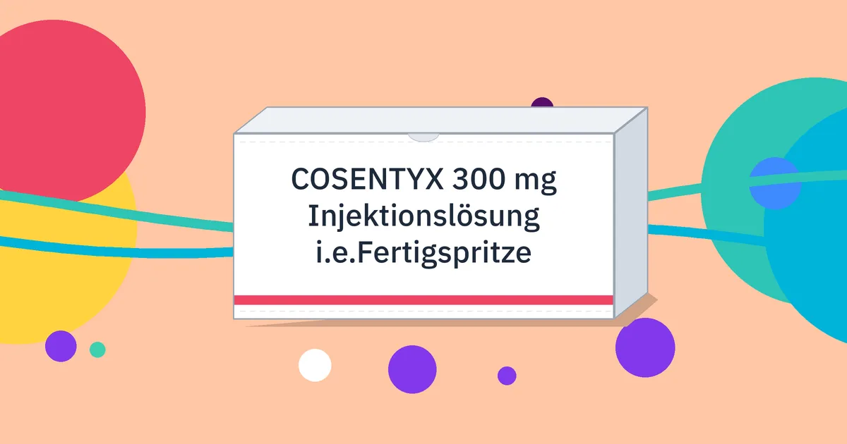 Symbolbild: Packung mit der Aufschrift COSENTYX 300 mg Injektionslösung i.e.Fertigspritze (PZN 17674406) – Verfügbarkeit und Bezug in Apotheken in Frankfurt am Main