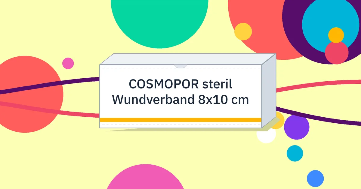 Symbolbild: Packung mit der Aufschrift COSMOPOR steril Wundverband 8x10 cm (PZN 04721104) – Verfügbarkeit und Bezug in Apotheken in Frankfurt am Main