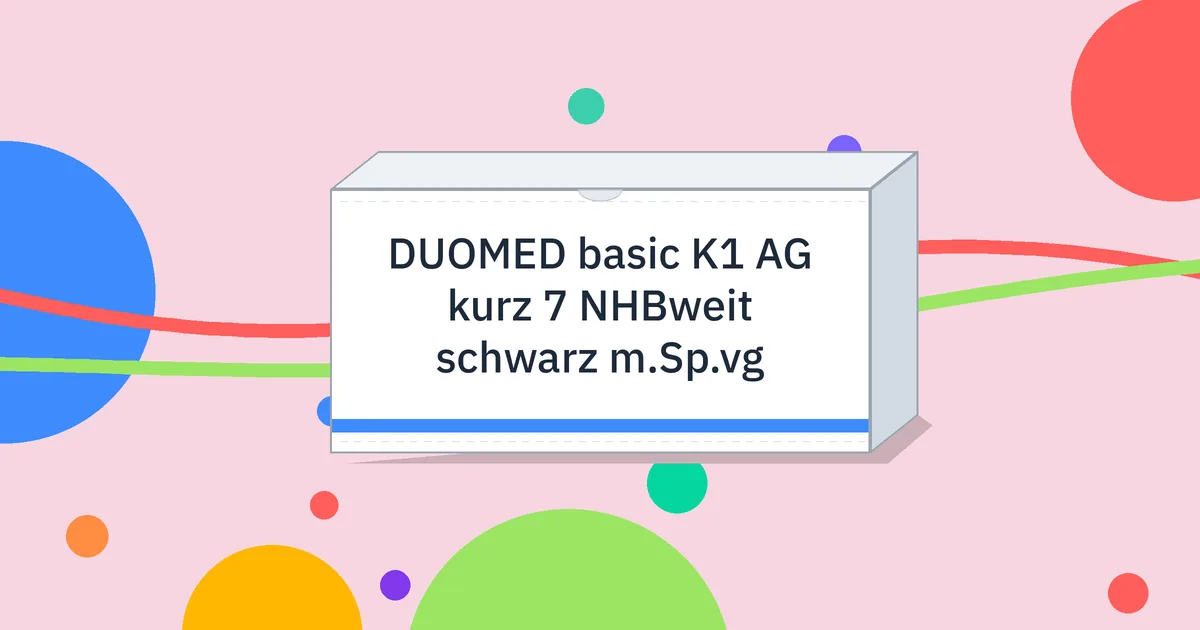 Symbolbild: Packung mit der Aufschrift DUOMED basic K1 AG kurz 7 NHBweit schwarz m.Sp.vg (PZN 20905246) – Verfügbarkeit und Bezug in Apotheken in Frankfurt am Main
