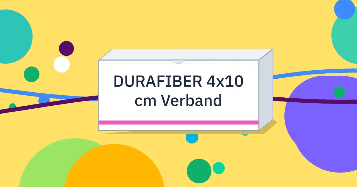 Symbolbild: Packung mit der Aufschrift DURAFIBER 4x10 cm Verband (PZN 00976379) – Verfügbarkeit und Bezug in Apotheken in Frankfurt am Main