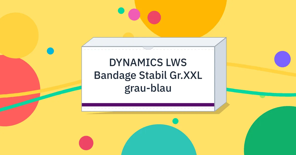 Symbolbild: Packung mit der Aufschrift DYNAMICS LWS Bandage Stabil Gr.XXL grau-blau (PZN 10634467) – Verfügbarkeit und Bezug in Apotheken in Frankfurt am Main
