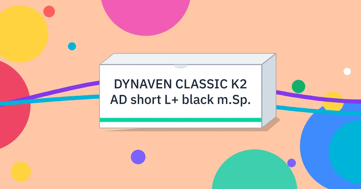Symbolbild: Packung mit der Aufschrift DYNAVEN CLASSIC K2 AD short L+ black m.Sp. (PZN 18417775) – Verfügbarkeit und Bezug in Apotheken in Frankfurt am Main