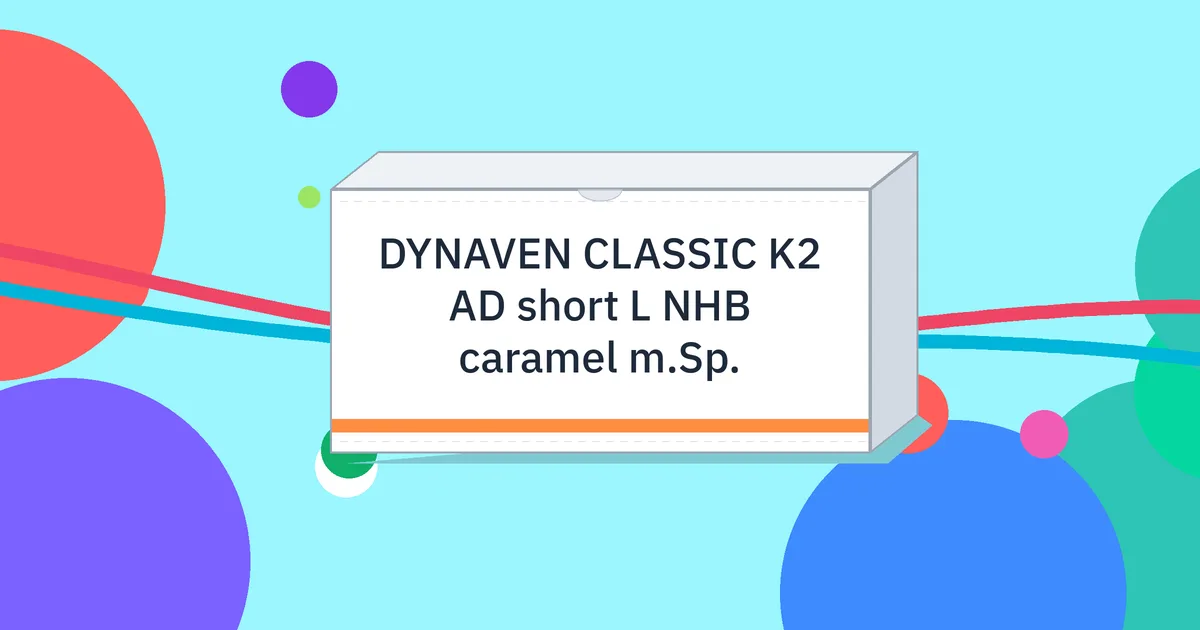 Symbolbild: Packung mit der Aufschrift DYNAVEN CLASSIC K2 AD short L NHB caramel m.Sp. (PZN 18418148) – Verfügbarkeit und Bezug in Apotheken in Frankfurt am Main