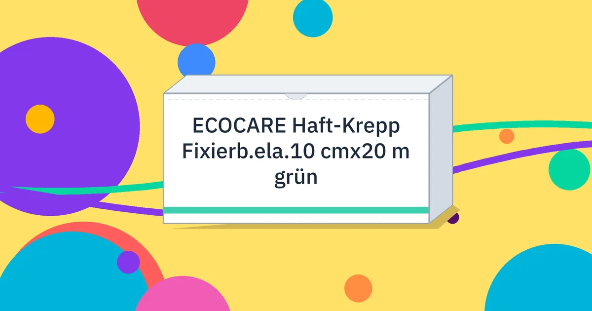 Symbolbild: Packung mit der Aufschrift ECOCARE Haft-Krepp Fixierb.ela.10 cmx20 m grün (PZN 11518734) – Verfügbarkeit und Bezug in Apotheken in Frankfurt am Main