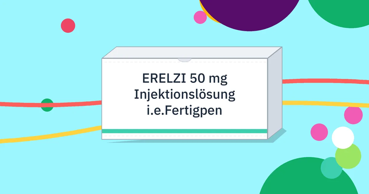 Symbolbild: Packung mit der Aufschrift ERELZI 50 mg Injektionslösung i.e.Fertigpen (PZN 17304709) – Verfügbarkeit und Bezug in Apotheken in Frankfurt am Main