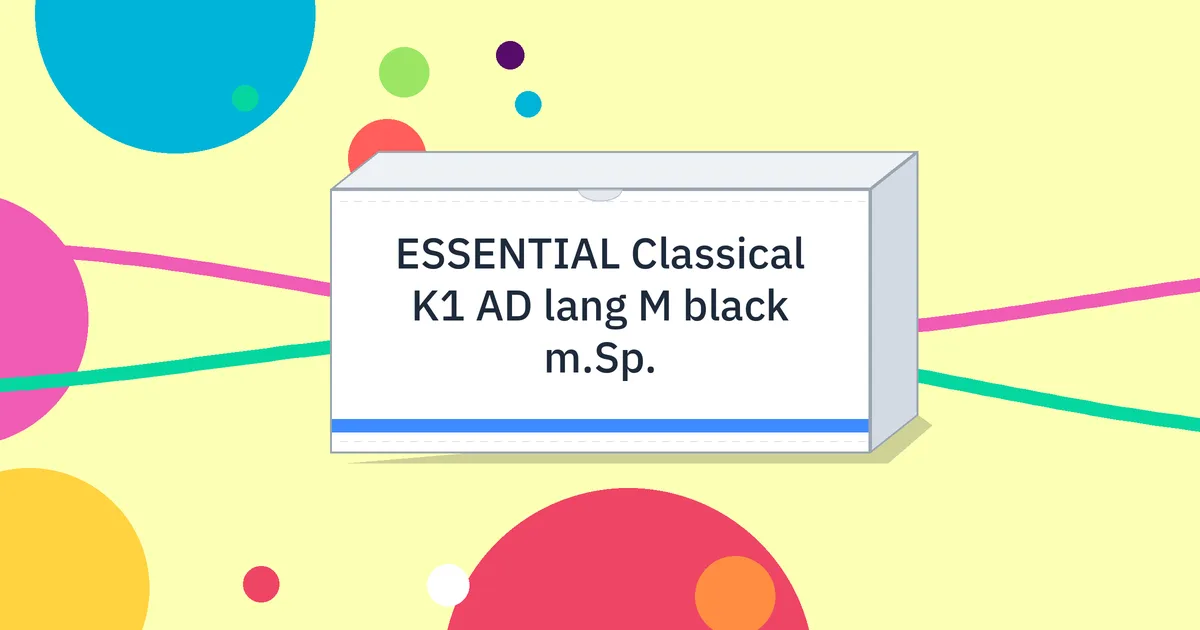 Symbolbild: Packung mit der Aufschrift ESSENTIAL Classical K1 AD lang M black m.Sp. (PZN 16999891) – Verfügbarkeit und Bezug in Apotheken in Frankfurt am Main