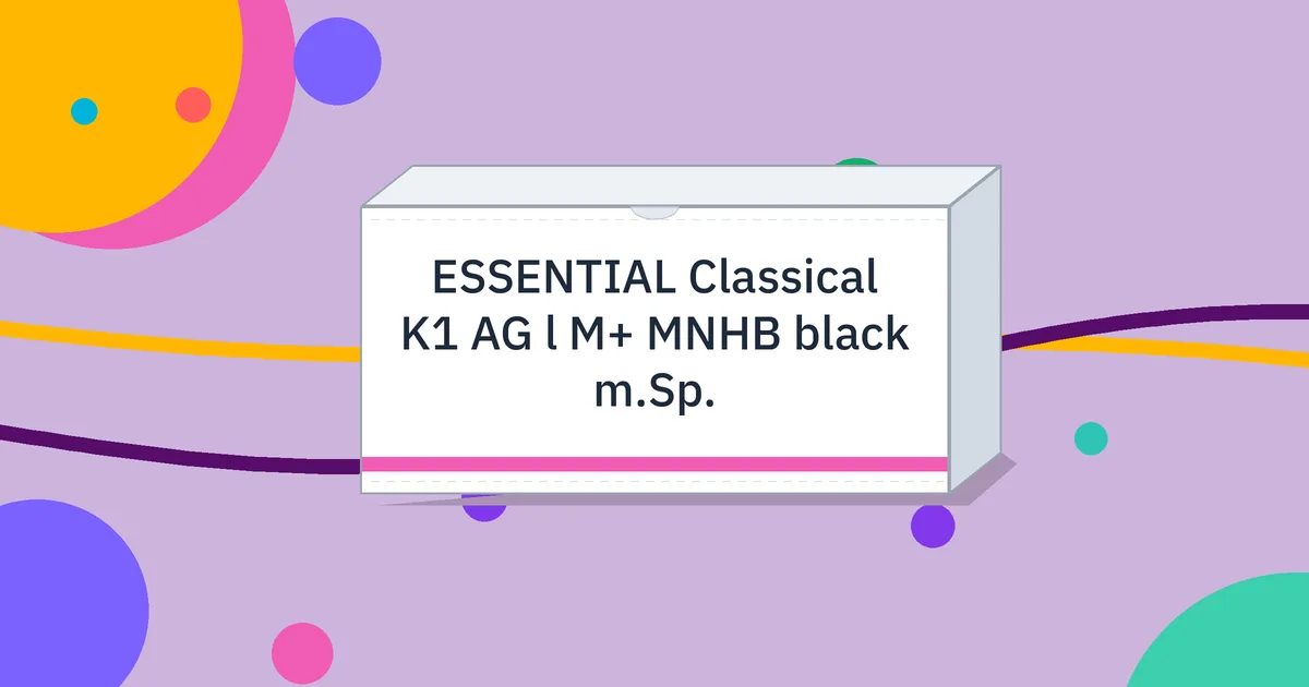 Symbolbild: Packung mit der Aufschrift ESSENTIAL Classical K1 AG l M+ MNHB black m.Sp. (PZN 19321267) – Verfügbarkeit und Bezug in Apotheken in Frankfurt am Main