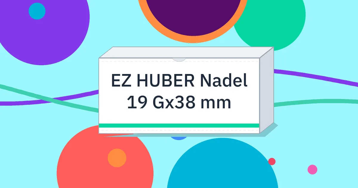 Symbolbild: Packung mit der Aufschrift EZ HUBER Nadel 19 Gx38 mm (PZN 09042661) – Verfügbarkeit und Bezug in Apotheken in Frankfurt am Main