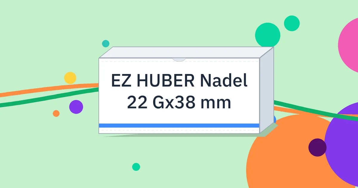 Symbolbild: Packung mit der Aufschrift EZ HUBER Nadel 22 Gx38 mm (PZN 05036847) – Verfügbarkeit und Bezug in Apotheken in Frankfurt am Main
