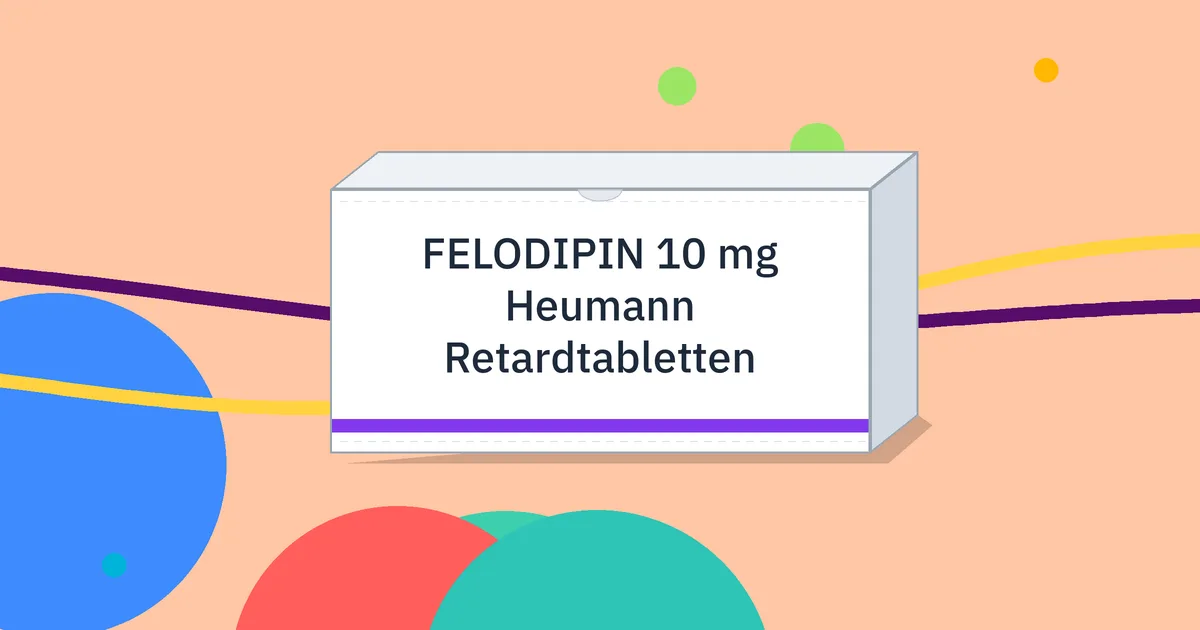 Symbolbild: Packung mit der Aufschrift FELODIPIN 10 mg Heumann Retardtabletten (PZN 01406046) – Verfügbarkeit und Bezug in Apotheken in Frankfurt am Main