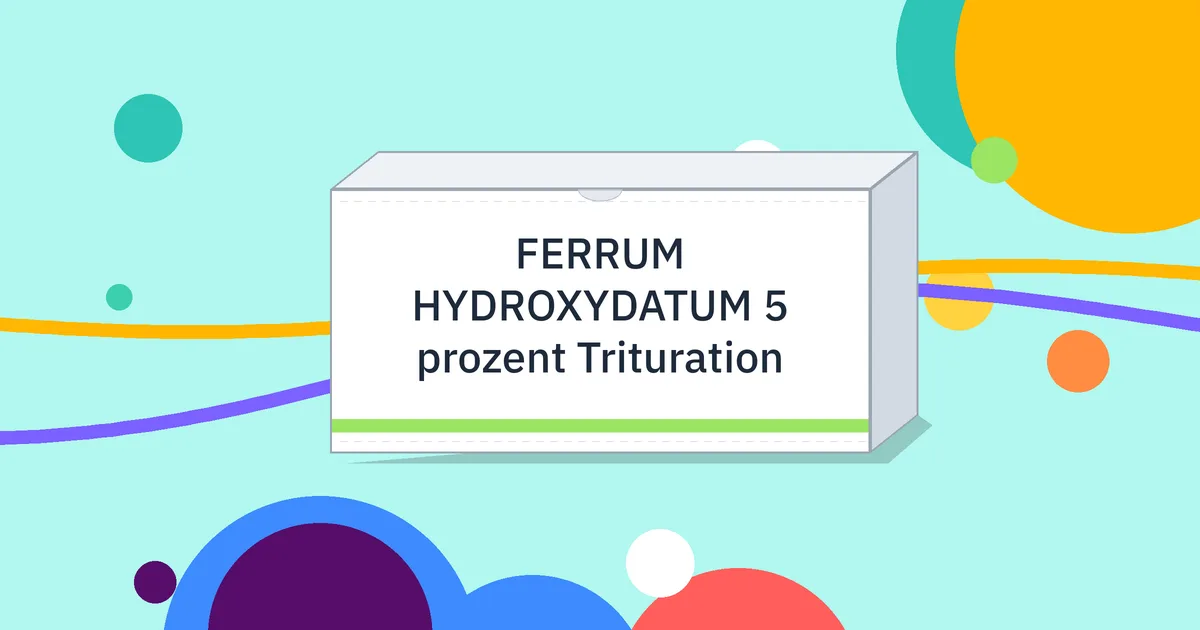 Symbolbild: Packung mit der Aufschrift FERRUM HYDROXYDATUM 5 prozent Trituration (PZN 06308354) – Verfügbarkeit und Bezug in Apotheken in Frankfurt am Main