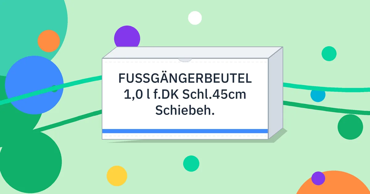 Symbolbild: Packung mit der Aufschrift FUSSGÄNGERBEUTEL 1,0 l f.DK Schl.45cm Schiebeh. (PZN 06096969) – Verfügbarkeit und Bezug in Apotheken in Frankfurt am Main