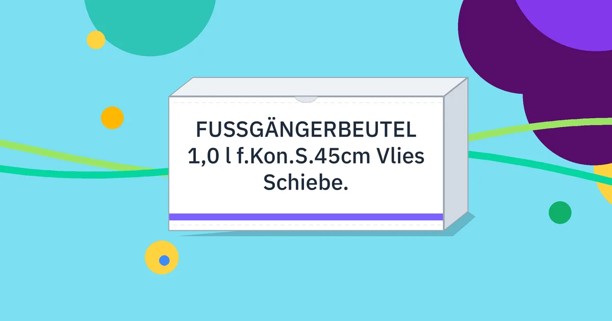 Symbolbild: Packung mit der Aufschrift FUSSGÄNGERBEUTEL 1,0 l f.Kon.S.45cm Vlies Schiebe. (PZN 06096627) – Verfügbarkeit und Bezug in Apotheken in Frankfurt am Main