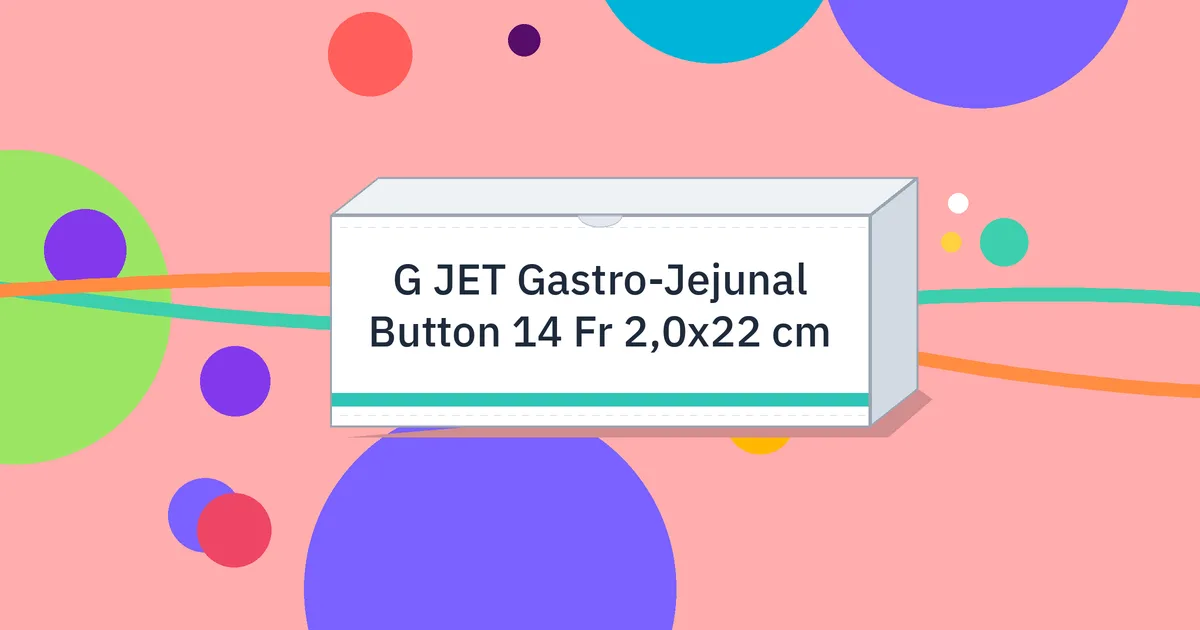 Symbolbild: Packung mit der Aufschrift G JET Gastro-Jejunal Button 14 Fr 2,0x22 cm (PZN 14342773) – Verfügbarkeit und Bezug in Apotheken in Frankfurt am Main