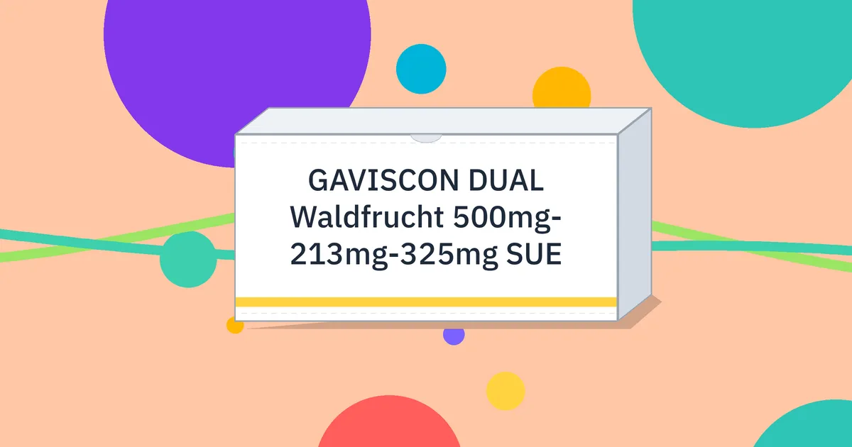Symbolbild: Packung mit der Aufschrift GAVISCON DUAL Waldfrucht 500mg-213mg-325mg SUE (PZN 20033065) – Verfügbarkeit und Bezug in Apotheken in Frankfurt am Main