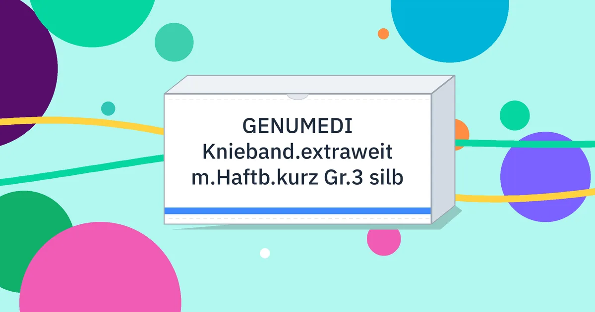 Symbolbild: Packung mit der Aufschrift GENUMEDI Knieband.extraweit m.Haftb.kurz Gr.3 silb (PZN 19886207) – Verfügbarkeit und Bezug in Apotheken in Frankfurt am Main