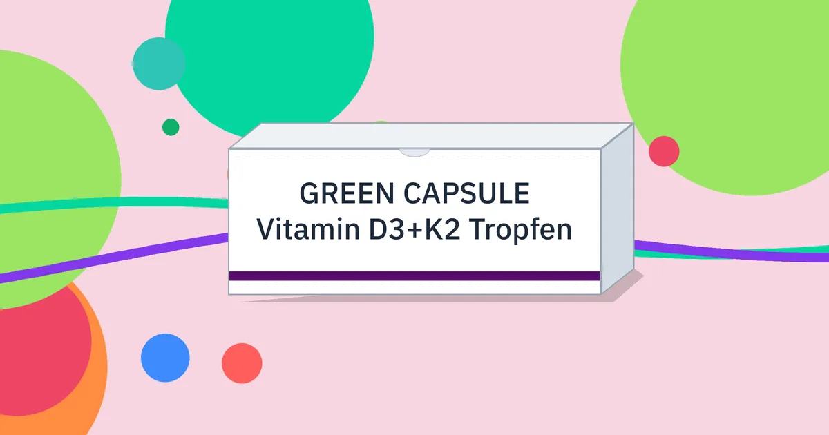 Symbolbild: Packung mit der Aufschrift GREEN CAPSULE Vitamin D3+K2 Tropfen (PZN 18728481) – Verfügbarkeit und Bezug in Apotheken in Frankfurt am Main