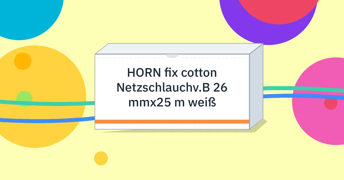 Symbolbild: Packung mit der Aufschrift HORN fix cotton Netzschlauchv.B 26 mmx25 m weiß (PZN 03763218) – Verfügbarkeit und Bezug in Apotheken in Frankfurt am Main