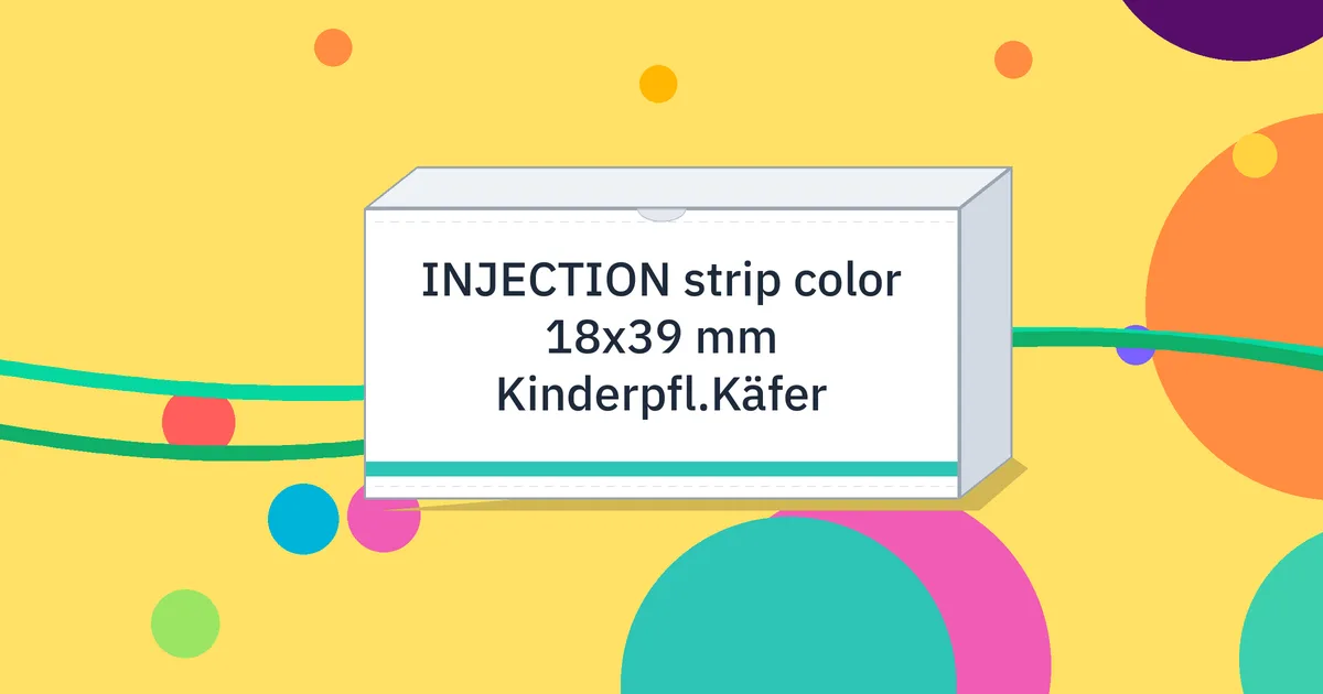 Symbolbild: Packung mit der Aufschrift INJECTION strip color 18x39 mm Kinderpfl.Käfer (PZN 07686963) – Verfügbarkeit und Bezug in Apotheken in Frankfurt am Main