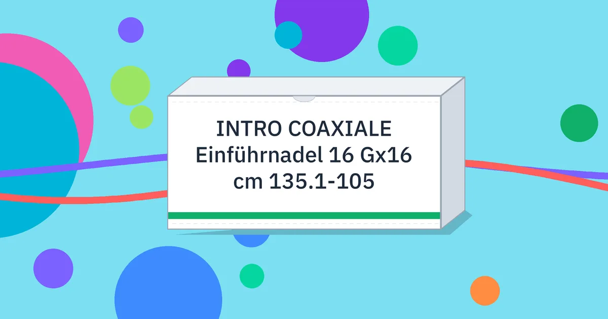 Symbolbild: Packung mit der Aufschrift INTRO COAXIALE Einführnadel 16 Gx16 cm 135.1-105 (PZN 16946498) – Verfügbarkeit und Bezug in Apotheken in Frankfurt am Main