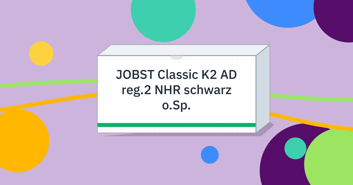 Symbolbild: Packung mit der Aufschrift JOBST Classic K2 AD reg.2 NHR schwarz o.Sp. (PZN 13062238) – Verfügbarkeit und Bezug in Apotheken in Frankfurt am Main