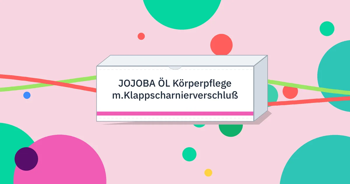 Symbolbild: Packung mit der Aufschrift JOJOBA ÖL Körperpflege m.Klappscharnierverschluß (PZN 18019508) – Verfügbarkeit und Bezug in Apotheken in Frankfurt am Main