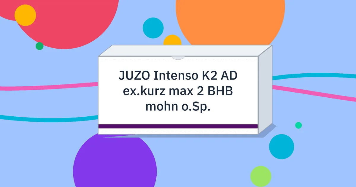 Symbolbild: Packung mit der Aufschrift JUZO Intenso K2 AD ex.kurz max 2 BHB mohn o.Sp. (PZN 18624652) – Verfügbarkeit und Bezug in Apotheken in Frankfurt am Main