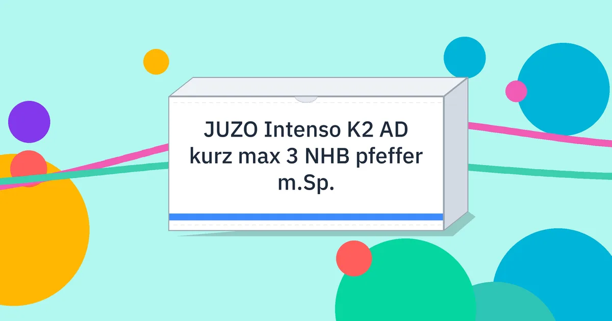 Symbolbild: Packung mit der Aufschrift JUZO Intenso K2 AD kurz max 3 NHB pfeffer m.Sp. (PZN 18612005) – Verfügbarkeit und Bezug in Apotheken in Frankfurt am Main