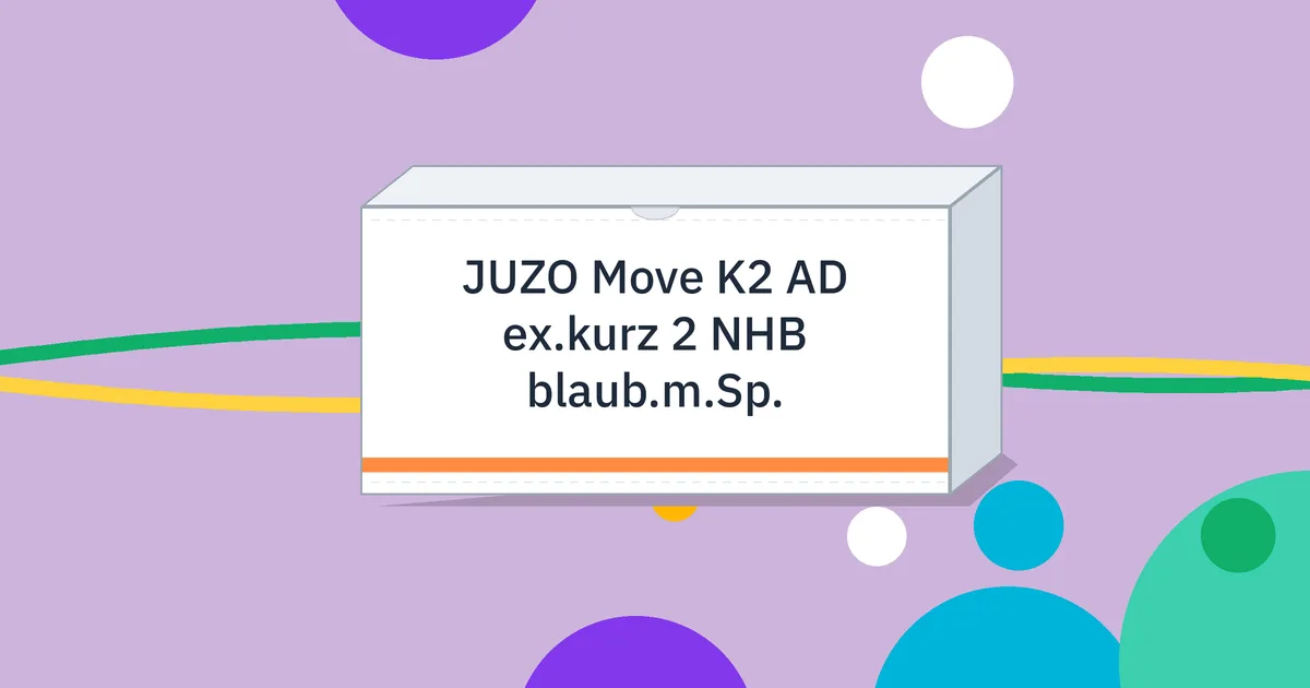 Symbolbild: Packung mit der Aufschrift JUZO Move K2 AD ex.kurz 2 NHB blaub.m.Sp. (PZN 18541713) – Verfügbarkeit und Bezug in Apotheken in Frankfurt am Main