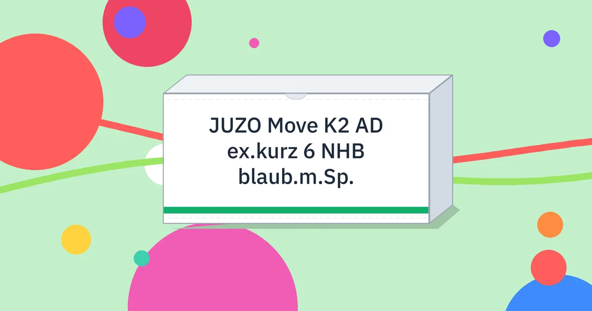 Symbolbild: Packung mit der Aufschrift JUZO Move K2 AD ex.kurz 6 NHB blaub.m.Sp. (PZN 18541765) – Verfügbarkeit und Bezug in Apotheken in Frankfurt am Main