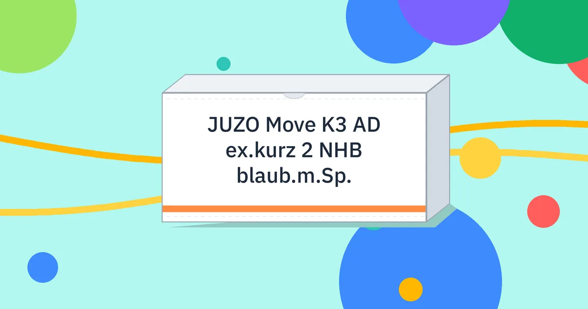 Symbolbild: Packung mit der Aufschrift JUZO Move K3 AD ex.kurz 2 NHB blaub.m.Sp. (PZN 18573357) – Verfügbarkeit und Bezug in Apotheken in Frankfurt am Main
