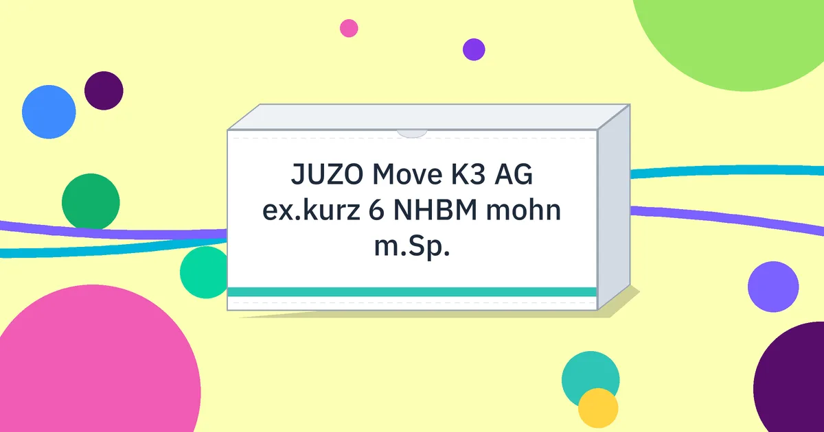 Symbolbild: Packung mit der Aufschrift JUZO Move K3 AG ex.kurz 6 NHBM mohn m.Sp. (PZN 18594626) – Verfügbarkeit und Bezug in Apotheken in Frankfurt am Main