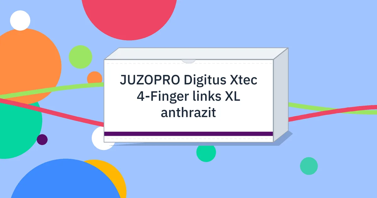 Symbolbild: Packung mit der Aufschrift JUZOPRO Digitus Xtec 4-Finger links XL anthrazit (PZN 16766477) – Verfügbarkeit und Bezug in Apotheken in Frankfurt am Main
