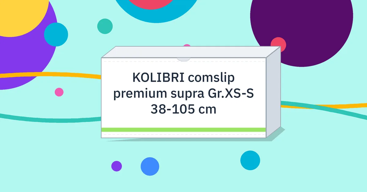 Symbolbild: Packung mit der Aufschrift KOLIBRI comslip premium supra Gr.XS-S 38-105 cm (PZN 15564895) – Verfügbarkeit und Bezug in Apotheken in Frankfurt am Main