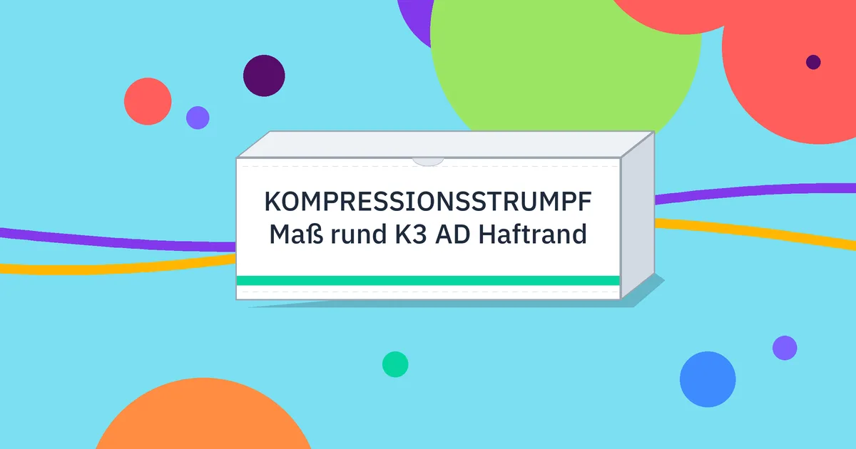 Symbolbild: Packung mit der Aufschrift KOMPRESSIONSSTRUMPF Maß rund K3 AD Haftrand (PZN 10011654) – Verfügbarkeit und Bezug in Apotheken in Frankfurt am Main