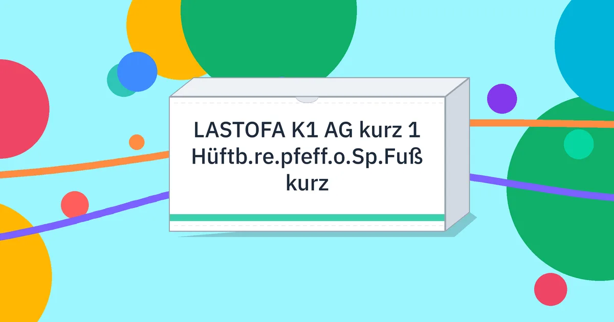 Symbolbild: Packung mit der Aufschrift LASTOFA K1 AG kurz 1 Hüftb.re.pfeff.o.Sp.Fuß kurz (PZN 13797537) – Verfügbarkeit und Bezug in Apotheken in Frankfurt am Main