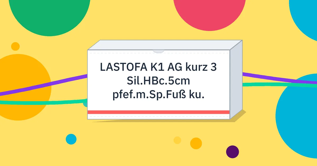 Symbolbild: Packung mit der Aufschrift LASTOFA K1 AG kurz 3 Sil.HBc.5cm pfef.m.Sp.Fuß ku. (PZN 13791569) – Verfügbarkeit und Bezug in Apotheken in Frankfurt am Main