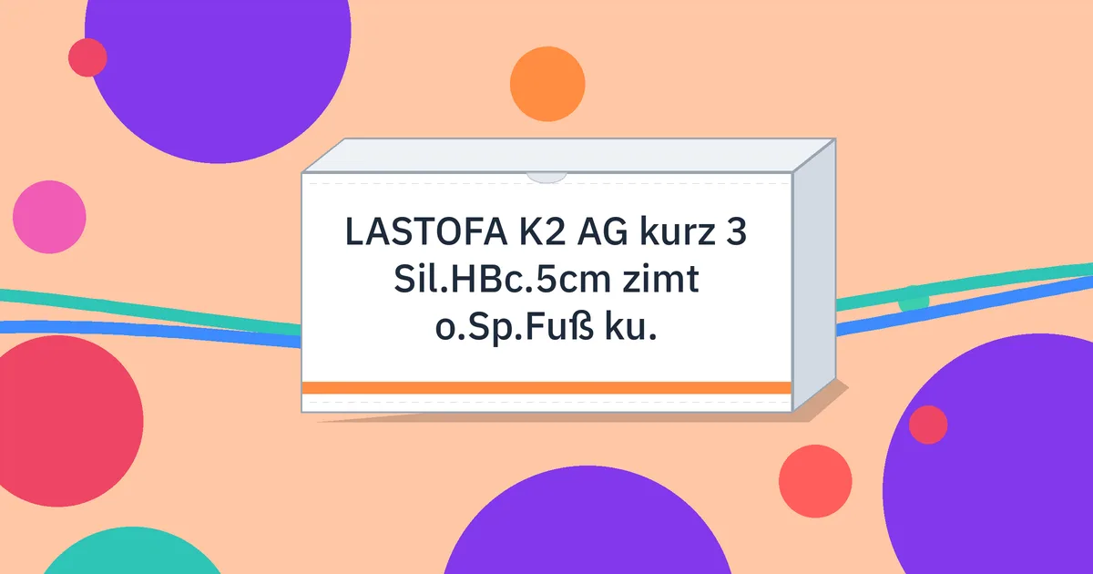 Symbolbild: Packung mit der Aufschrift LASTOFA K2 AG kurz 3 Sil.HBc.5cm zimt o.Sp.Fuß ku. (PZN 13804160) – Verfügbarkeit und Bezug in Apotheken in Frankfurt am Main