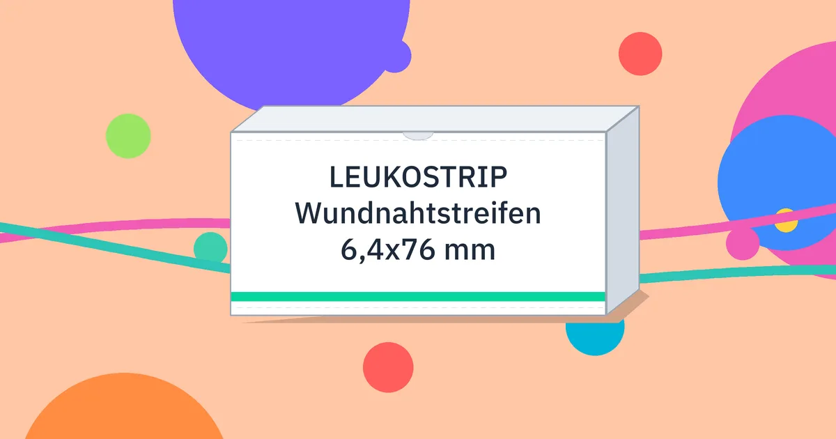 Symbolbild: Packung mit der Aufschrift LEUKOSTRIP Wundnahtstreifen 6,4x76 mm (PZN 19452325) – Verfügbarkeit und Bezug in Apotheken in Frankfurt am Main