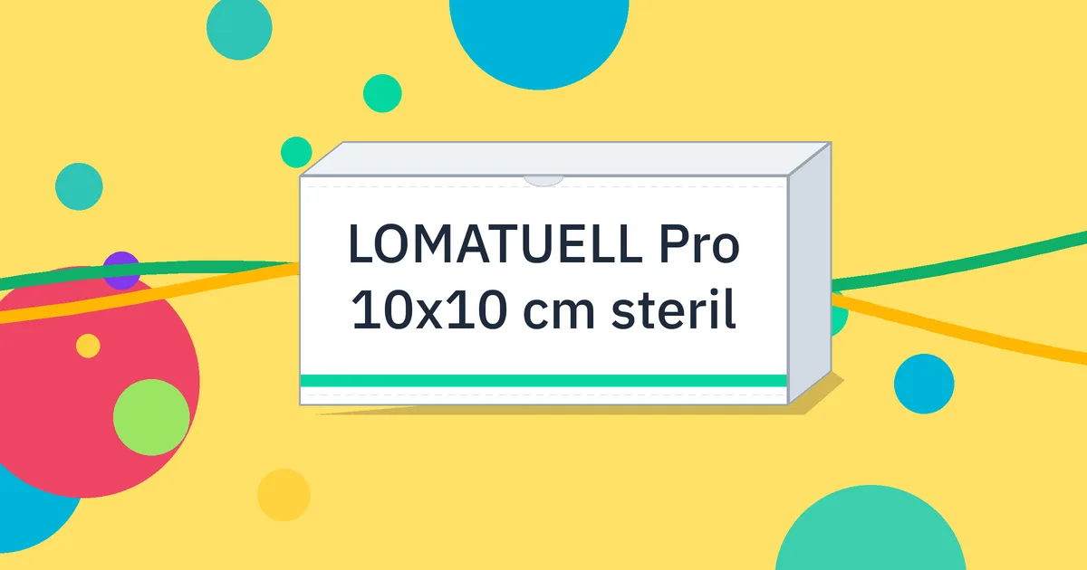 Symbolbild: Packung mit der Aufschrift LOMATUELL Pro 10x10 cm steril (PZN 18668276) – Verfügbarkeit und Bezug in Apotheken in Frankfurt am Main