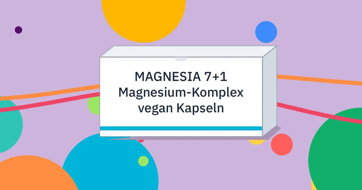 Symbolbild: Packung mit der Aufschrift MAGNESIA 7+1 Magnesium-Komplex vegan Kapseln (PZN 19442841) – Verfügbarkeit und Bezug in Apotheken in Frankfurt am Main