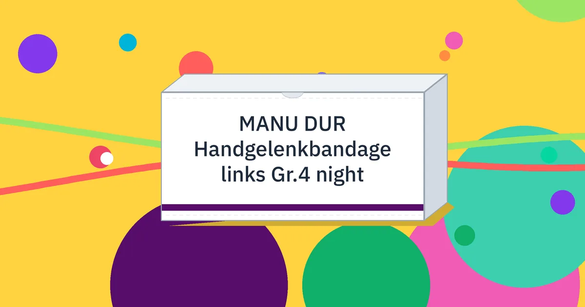 Symbolbild: Packung mit der Aufschrift MANU DUR Handgelenkbandage links Gr.4 night (PZN 19960553) – Verfügbarkeit und Bezug in Apotheken in Frankfurt am Main