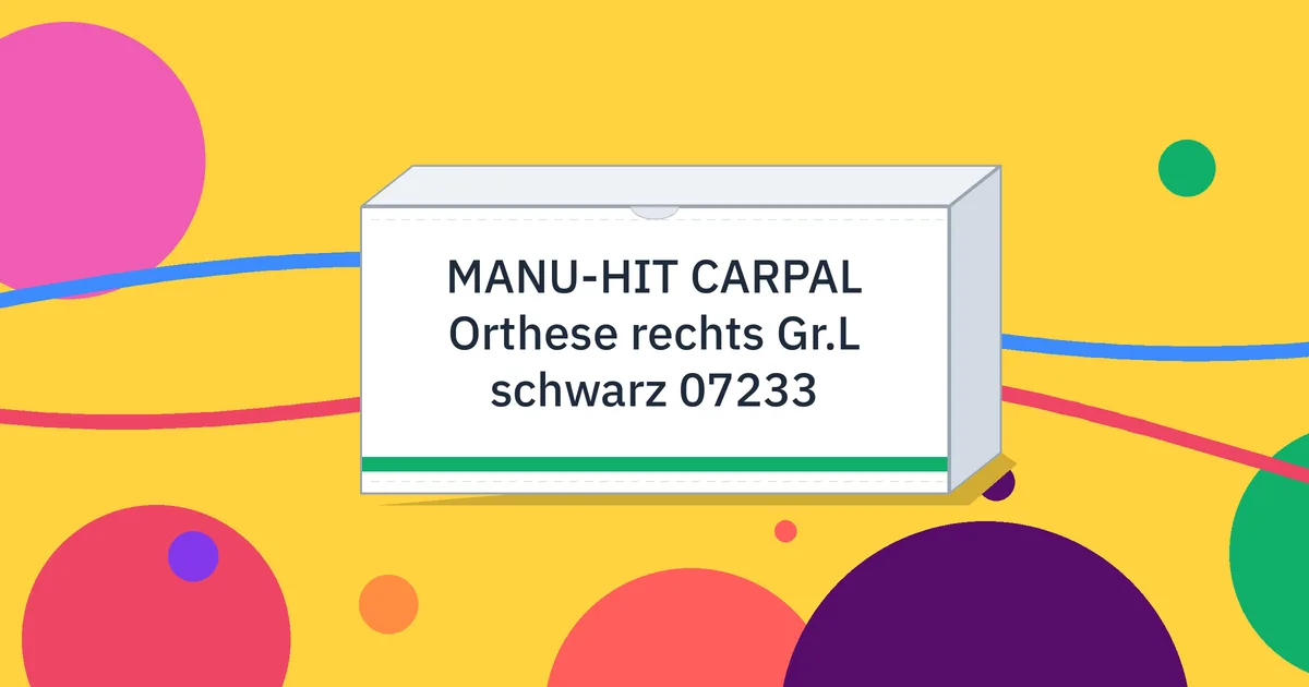 Symbolbild: Packung mit der Aufschrift MANU-HIT CARPAL Orthese rechts Gr.L schwarz 07233 (PZN 02014495) – Verfügbarkeit und Bezug in Apotheken in Frankfurt am Main