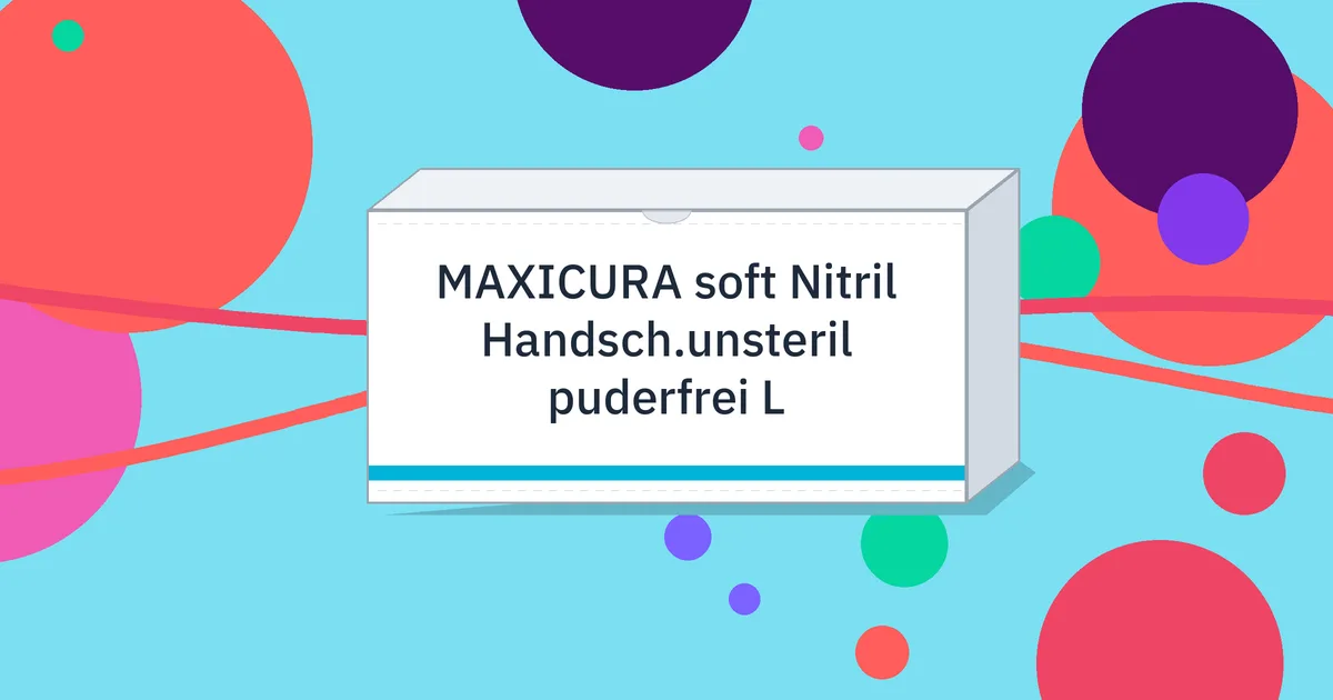 Symbolbild: Packung mit der Aufschrift MAXICURA soft Nitril Handsch.unsteril puderfrei L (PZN 20306161) – Verfügbarkeit und Bezug in Apotheken in Frankfurt am Main