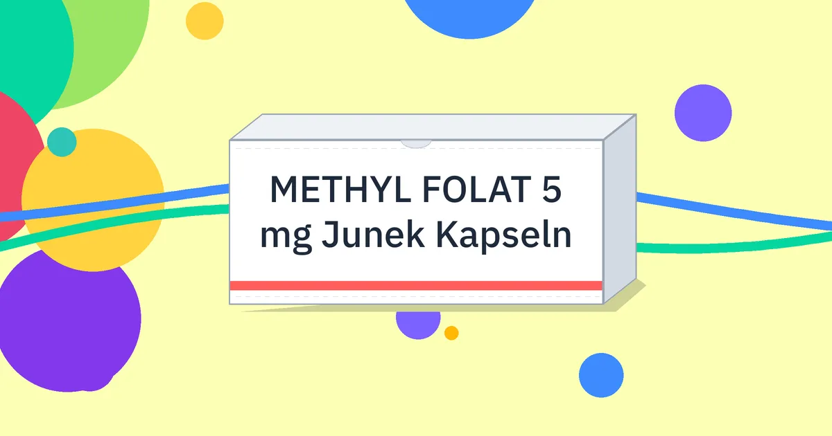 Symbolbild: Packung mit der Aufschrift METHYL FOLAT 5 mg Junek Kapseln (PZN 20051850) – Verfügbarkeit und Bezug in Apotheken in Frankfurt am Main