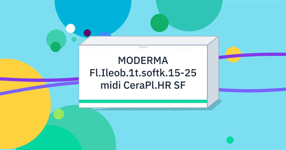 Symbolbild: Packung mit der Aufschrift MODERMA Fl.Ileob.1t.softk.15-25 midi CeraPl.HR SF (PZN 18182326) – Verfügbarkeit und Bezug in Apotheken in Frankfurt am Main
