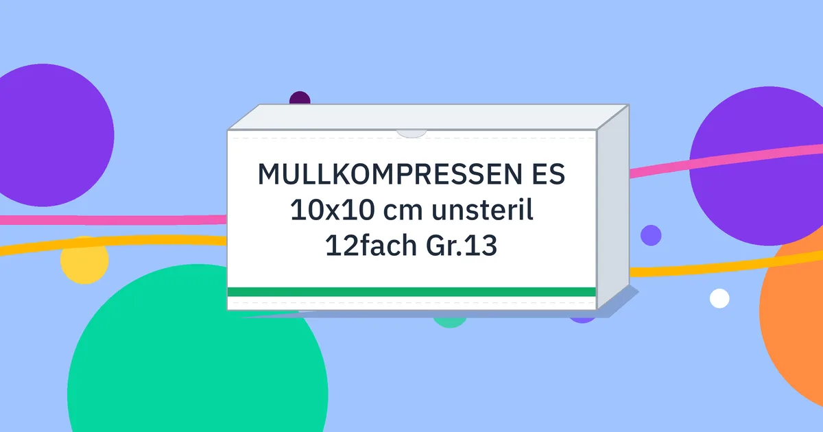 Symbolbild: Packung mit der Aufschrift MULLKOMPRESSEN ES 10x10 cm unsteril 12fach Gr.13 (PZN 04094618) – Verfügbarkeit und Bezug in Apotheken in Frankfurt am Main
