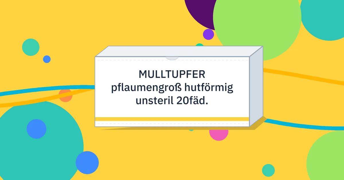 Symbolbild: Packung mit der Aufschrift MULLTUPFER pflaumengroß hutförmig unsteril 20fäd. (PZN 04493933) – Verfügbarkeit und Bezug in Apotheken in Frankfurt am Main