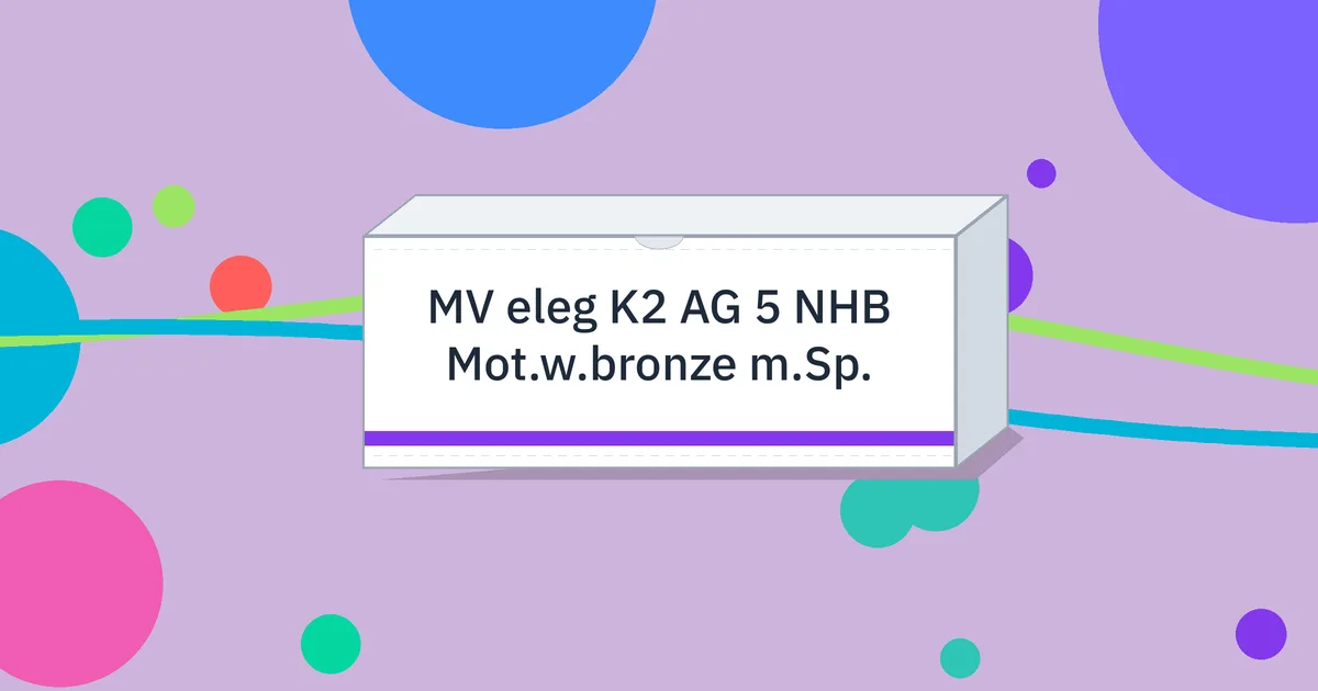 Symbolbild: Packung mit der Aufschrift MV eleg K2 AG 5 NHB Mot.w.bronze m.Sp. (PZN 15727021) – Verfügbarkeit und Bezug in Apotheken in Frankfurt am Main