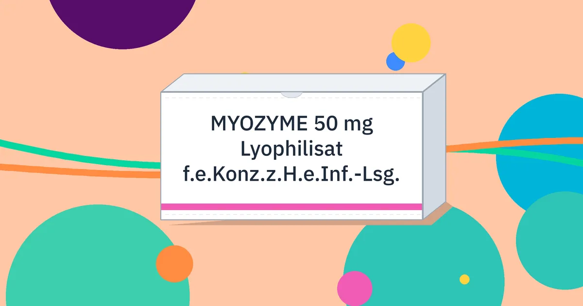 Symbolbild: Packung mit der Aufschrift MYOZYME 50 mg Lyophilisat f.e.Konz.z.H.e.Inf.-Lsg. (PZN 19373844) – Verfügbarkeit und Bezug in Apotheken in Frankfurt am Main